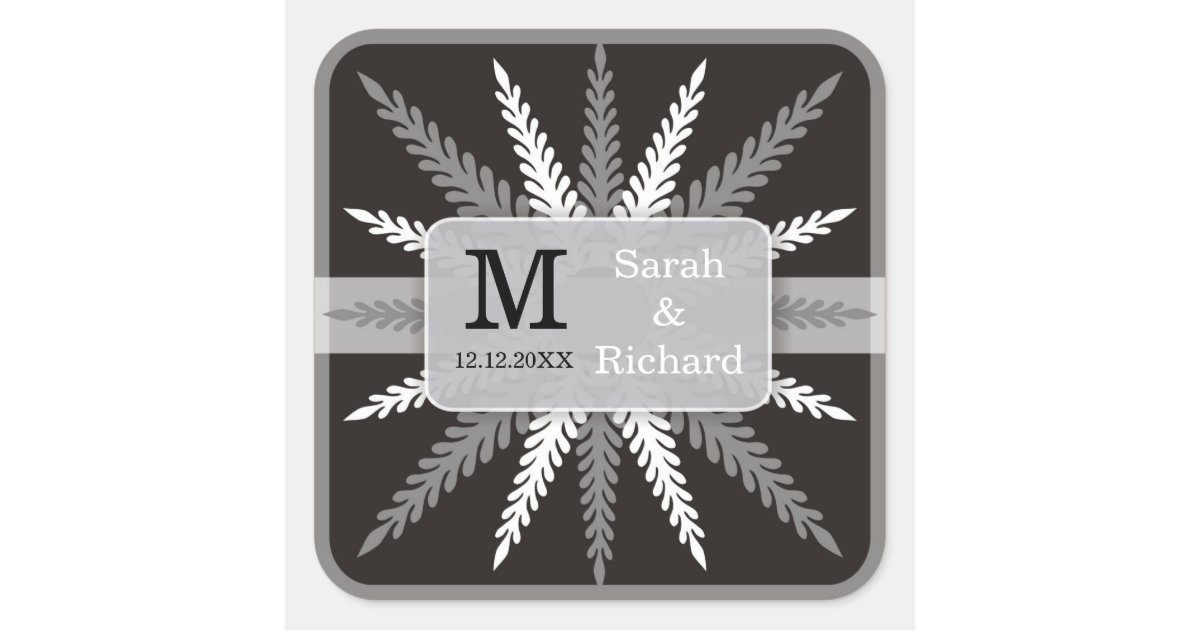 Monogrammed Wedding Stickers-Silver On Black Square Sticker | Zazzle