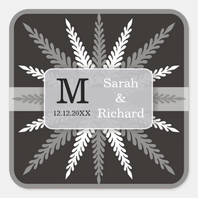 Monogrammed Wedding Stickers-Silver On Black Square Sticker | Zazzle