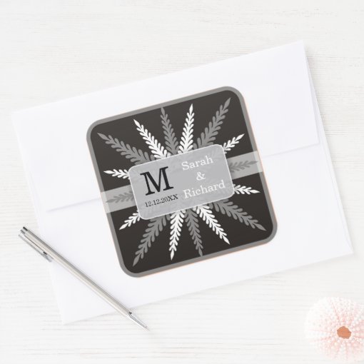 Monogrammed Wedding Stickers-Silver On Black Square Sticker | Zazzle