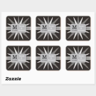 Monogrammed Wedding Stickers-Silver On Black Square Sticker | Zazzle