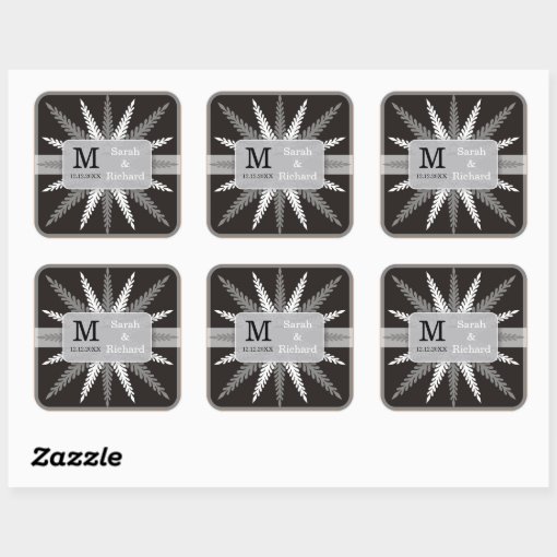 Monogrammed Wedding Stickers-Silver On Black Square Sticker | Zazzle