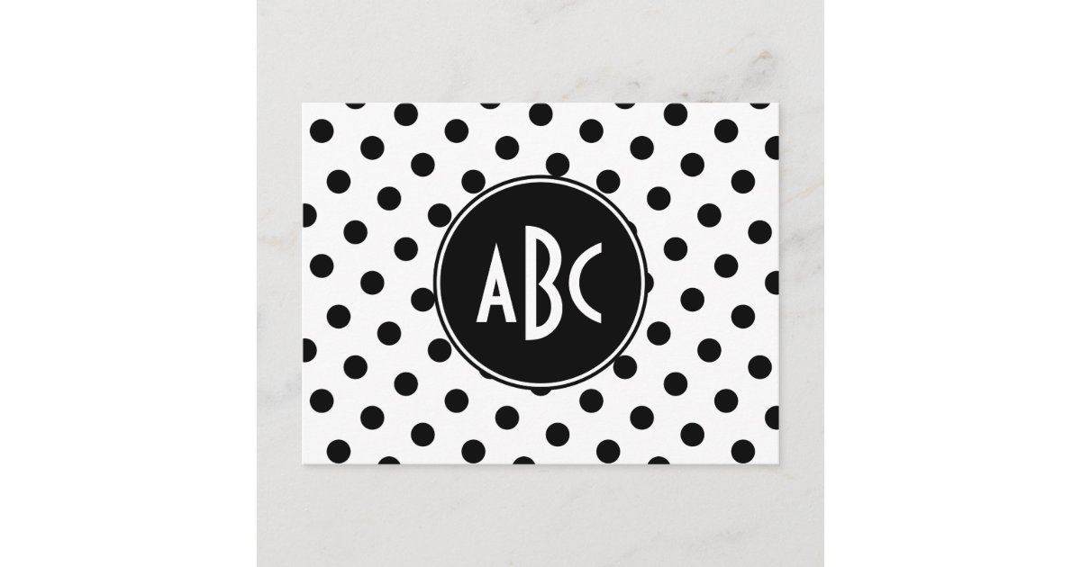 Monogrammed White and Black Polka Dots Postcard | Zazzle