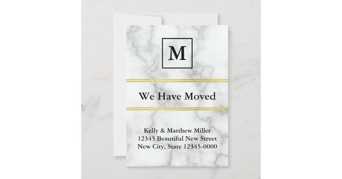 Monogrammed White Marble Look Moving Announcement | Zazzle