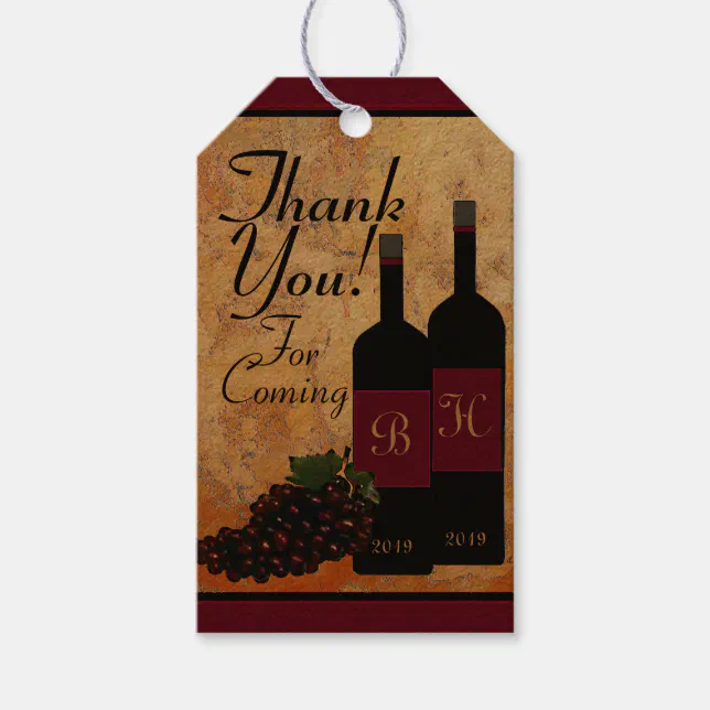 Monogrammed Wine Bottles and Grapes Thank You Gift Tags | Zazzle