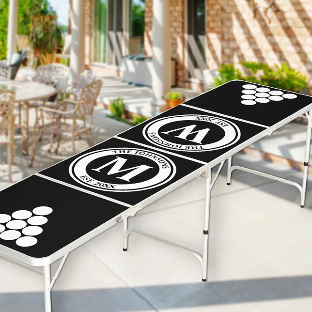Monogrammed with Circle Pyramid Black Regulation Beer Pong Table | Zazzle