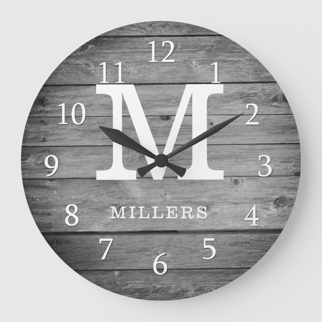 Monogrammed Wood Farmhouse Large Clock | Zazzle