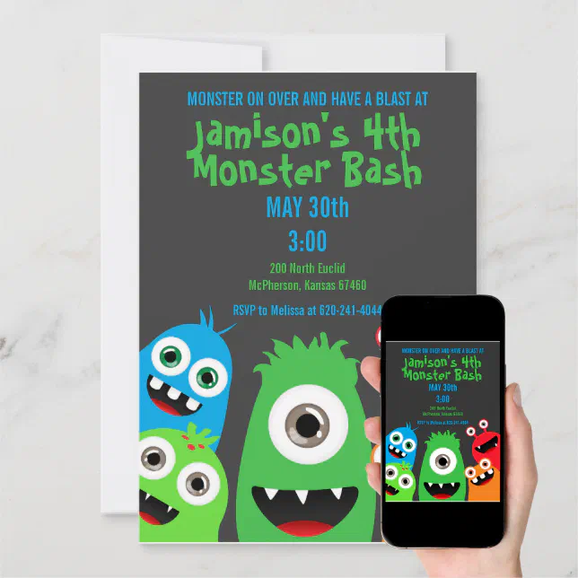 Monster Bash Kids Birthday Party Invitations | Zazzle
