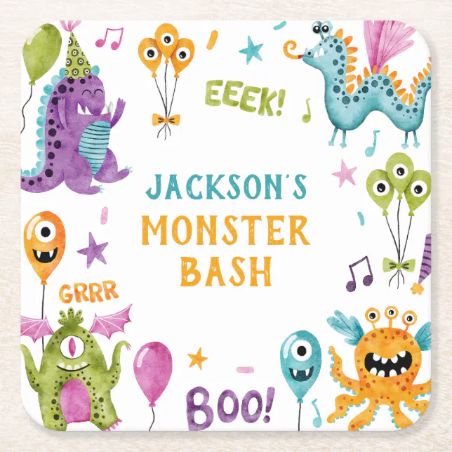 Monster Bash Little Monster Birthday Party Square Paper Coaster | Zazzle
