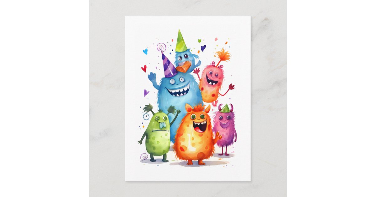Monster birthday greetings. Monsters partying. Postcard | Zazzle