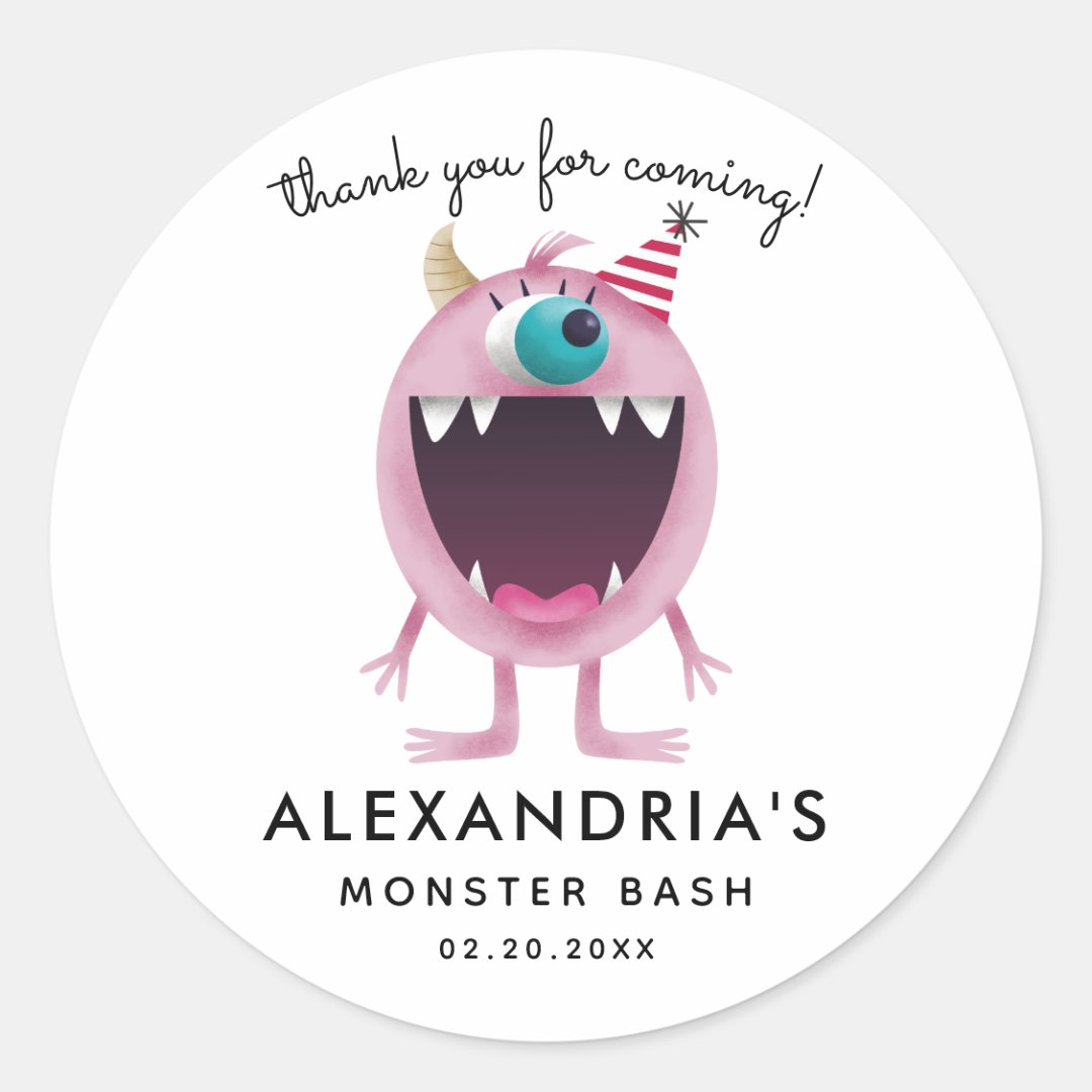Monster Birthday Party Pink Favor Classic Round Sticker | Zazzle
