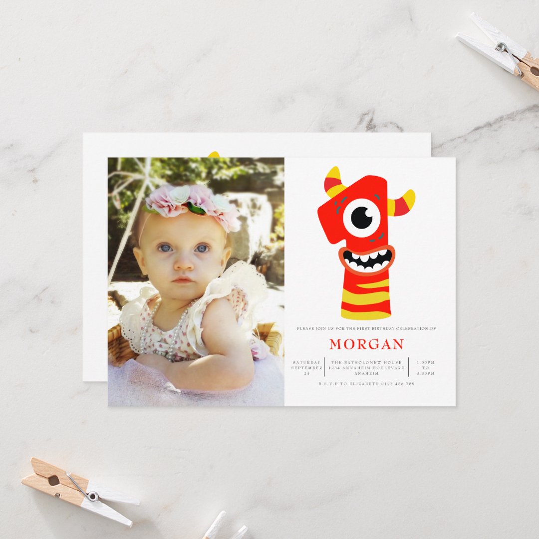 Monster Gender Neutral 1st Birthday Party Photo Invitation | Zazzle