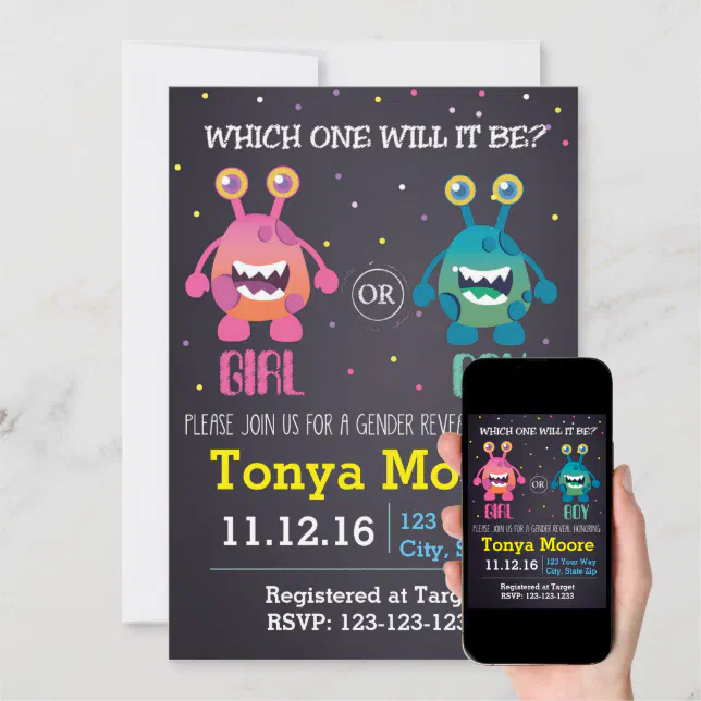 Monster Gender Reveal Baby Shower Invitation | Zazzle