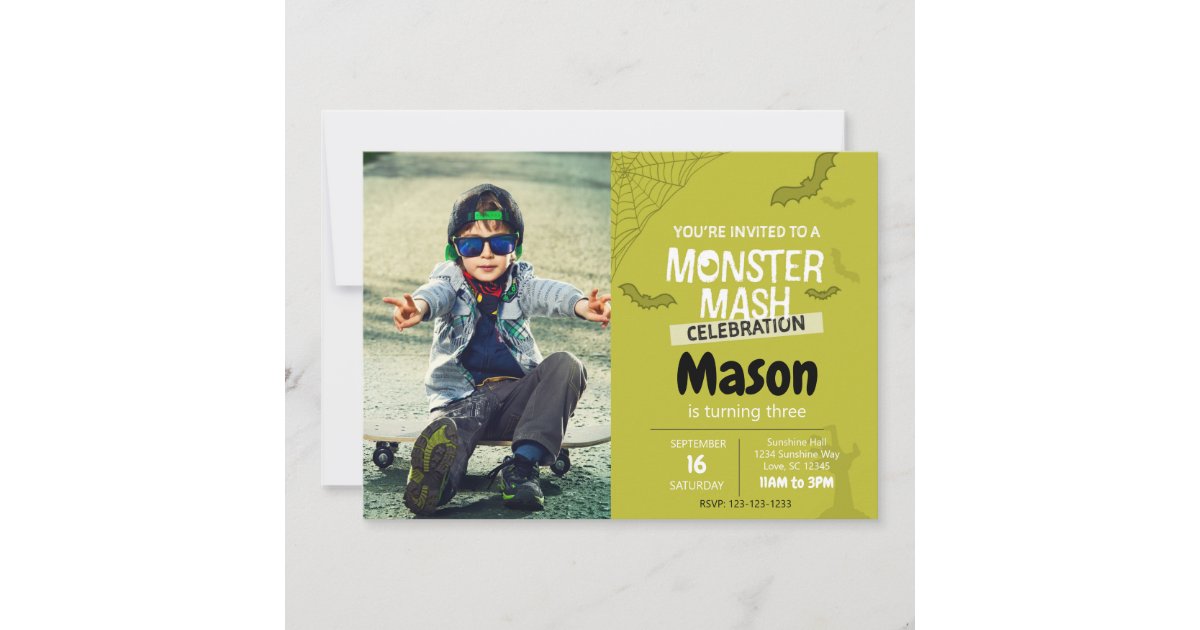 Monster Mash Birthday Invite with photo (green) | Zazzle