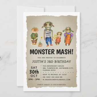 Monster Mash Halloween Kids Birthday Invitation | Zazzle