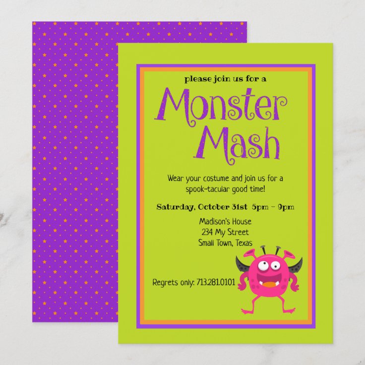 Monster Mash Pink Kids Cute Colorful Halloween Invitation | Zazzle