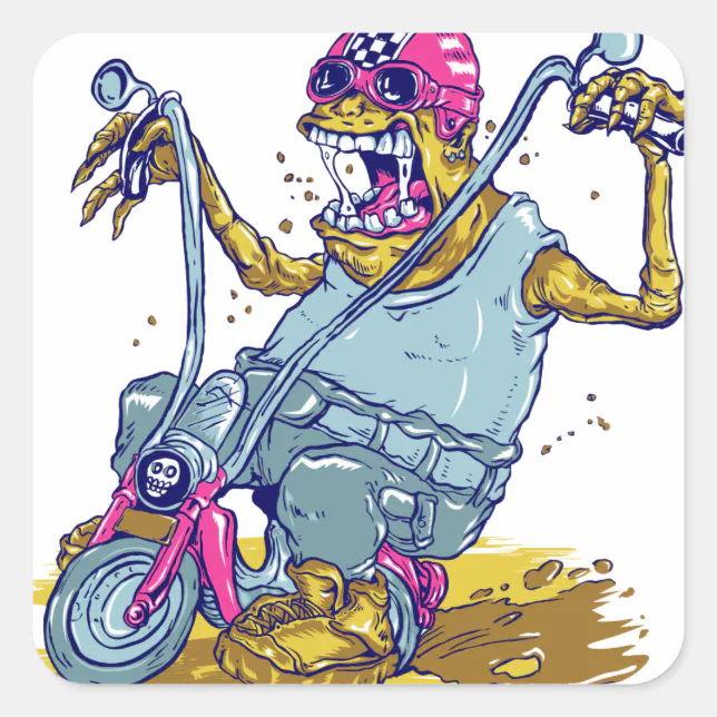 Monster Motorcycle Biker Cartoon Square Sticker | Zazzle