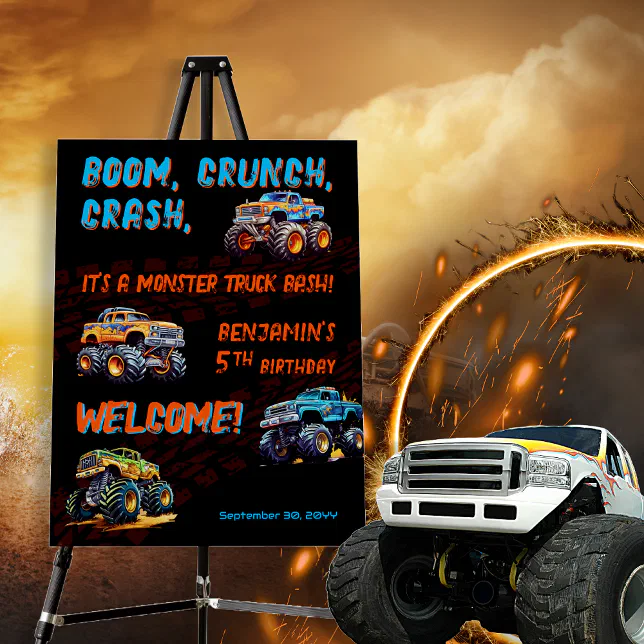 Monster Truck Bash Boy 5th Birthday Party Foam Board | Zazzle