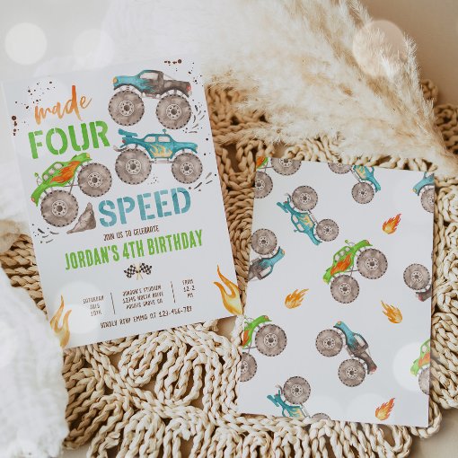 Monster Truck Boy Made Four Speed 4th Birthday Invitation | Zazzle
