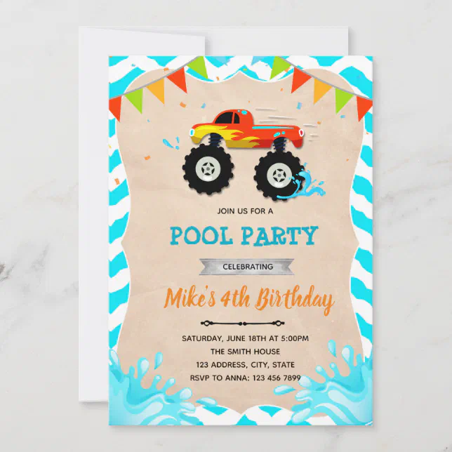 Monster truck pool party invitation | Zazzle