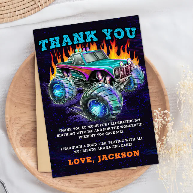 Monster Truck Rally Boy Birthday Thank You Card | Zazzle