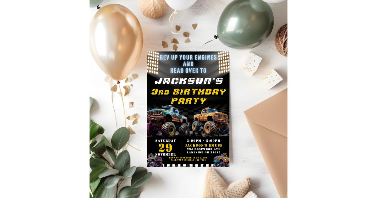 Monster Truck Rally Boys Birthday Party Invitation | Zazzle