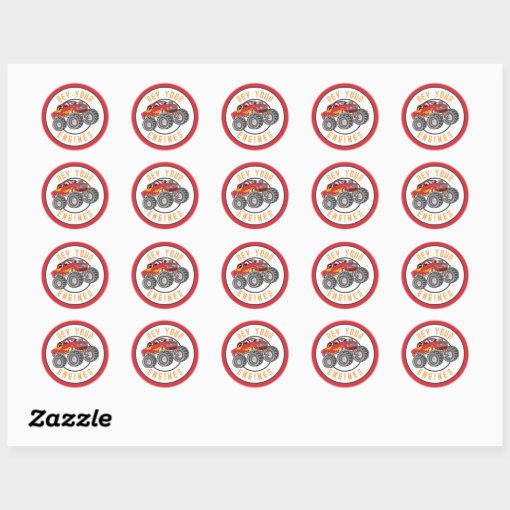 Monster Truck Rev Your Engines Birthday Party Classic Round Sticker ...