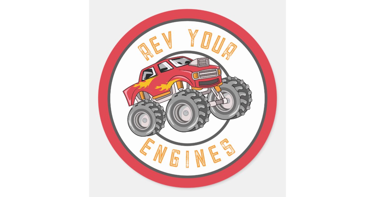 Monster Truck Rev Your Engines Birthday Party Classic Round Sticker ...