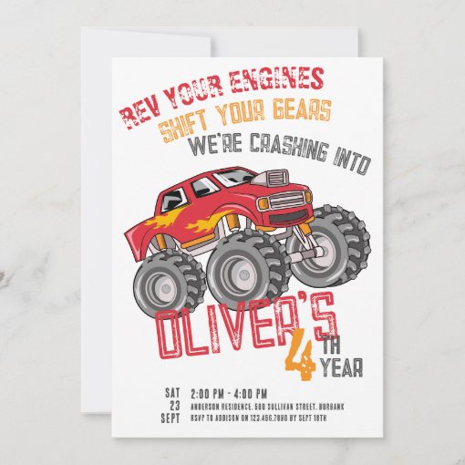 Monster Truck Rev Your Engines Birthday Party Invitation | Zazzle