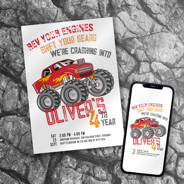 Monster Truck Rev Your Engines Birthday Party Invitation | Zazzle