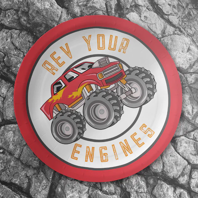 Monster Truck Rev Your Engines Birthday Party Paper Plates | Zazzle