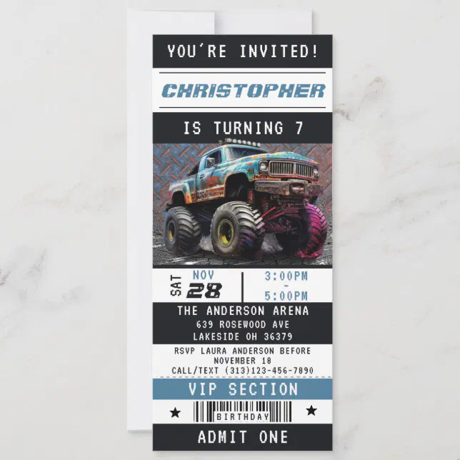 Monster Truck Ticket Boys Birthday Party Invitation | Zazzle