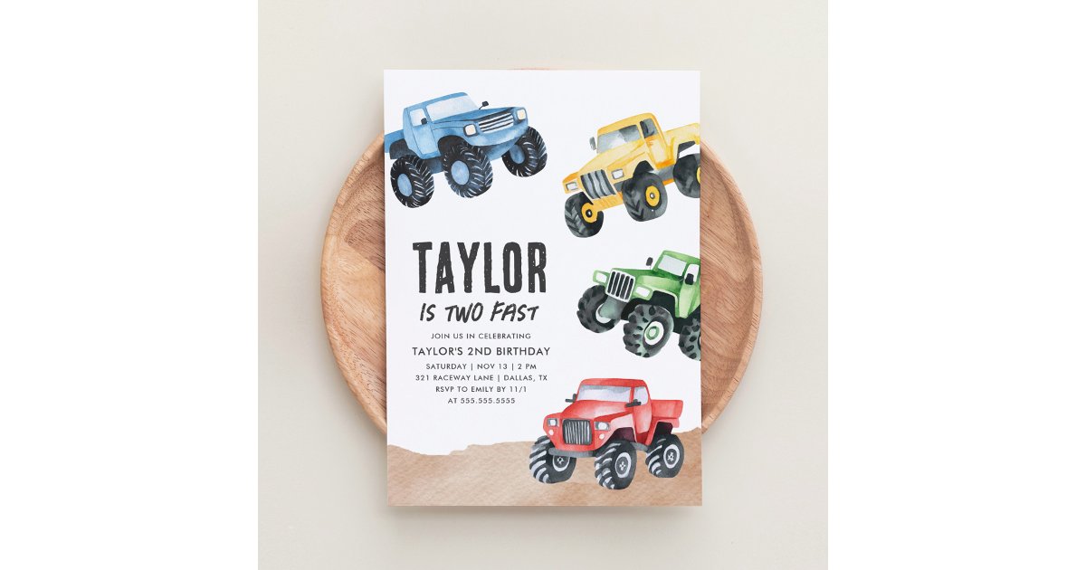 Monster Truck Two Fast Boy 2nd Birthday Invitation | Zazzle