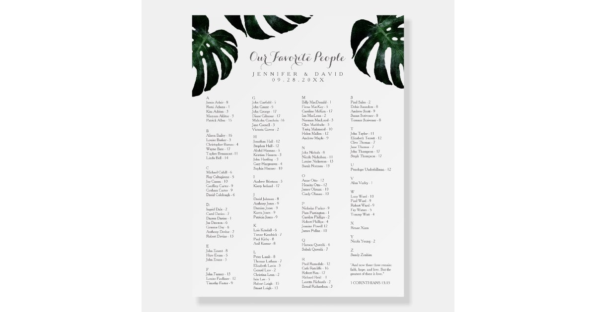 Monstera Alphabetical Seating Chart Foam Board | Zazzle
