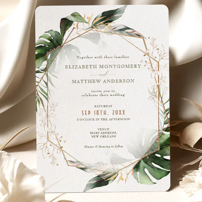 Monstera Gold Watercolor Wedding Invitation | Zazzle