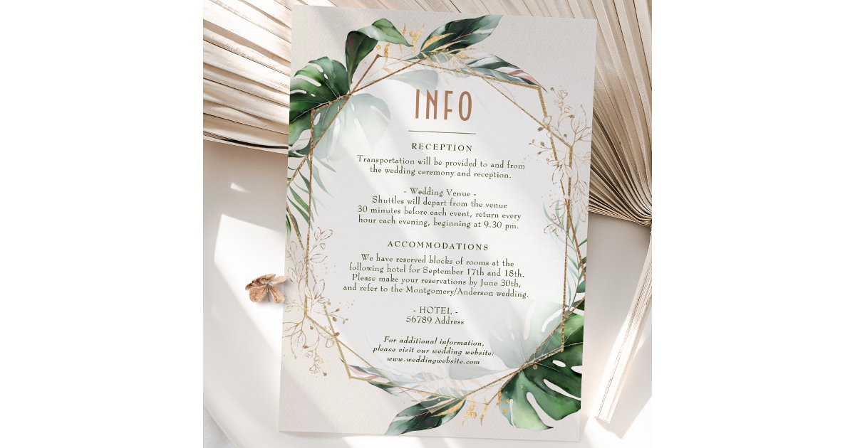 Monstera Gold Wedding Insert INFO and Details Invi Invitation | Zazzle