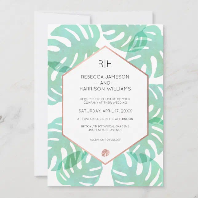 Monstera Leaf & Rose Gold Invitation | Zazzle