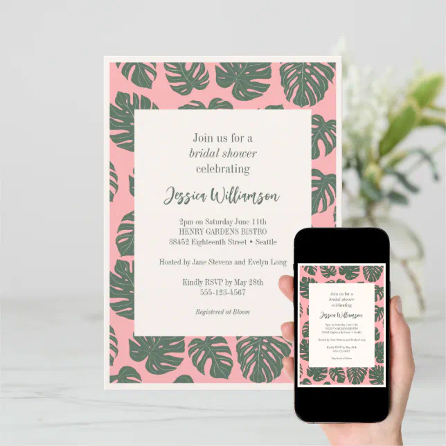 Monstera Plant Botanical Pink Green Bridal Shower Invitation | Zazzle