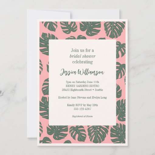 Monstera Plant Botanical Pink Green Bridal Shower Invitation | Zazzle
