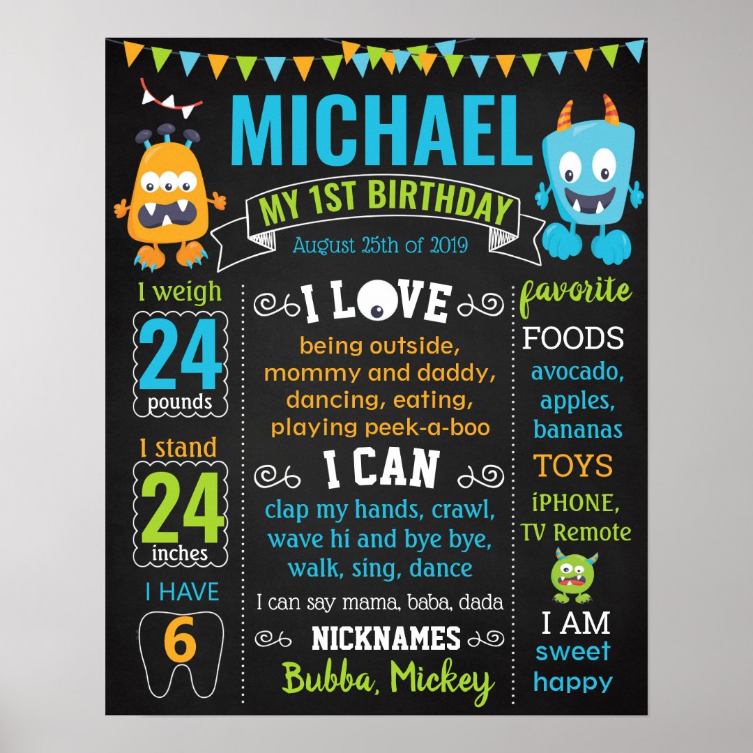 Monsters Birthday Party chalkboard monster Poster | Zazzle