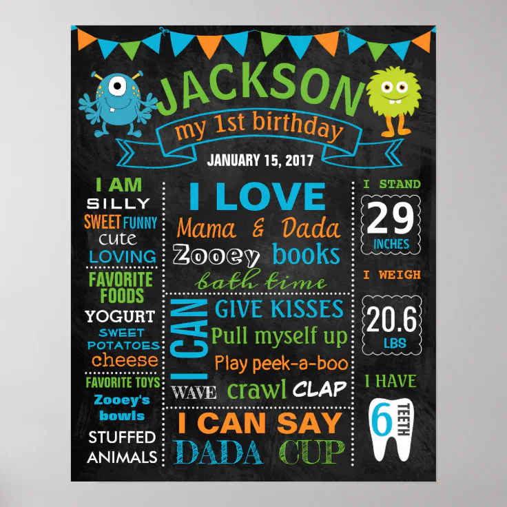 Monsters First Birthday Party chalkboard sign | Zazzle