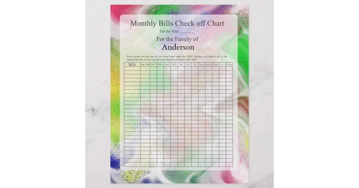 Monthly Bills Check off Chart Fuzzy Colors Design | Zazzle