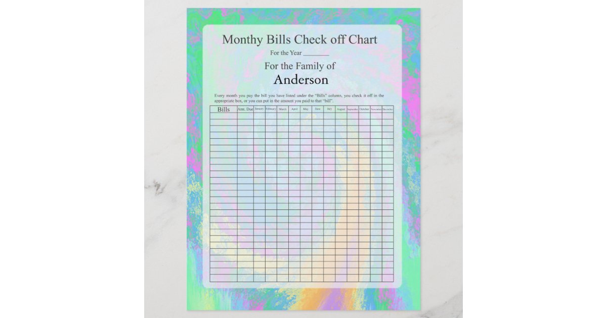 Monthly Bills Check off Chart Pastel Design | Zazzle