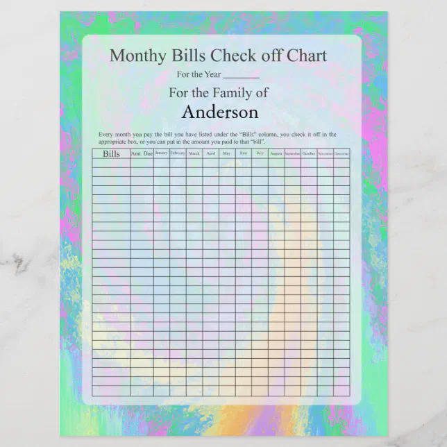 Monthly Bills Check off Chart Pastel Design | Zazzle