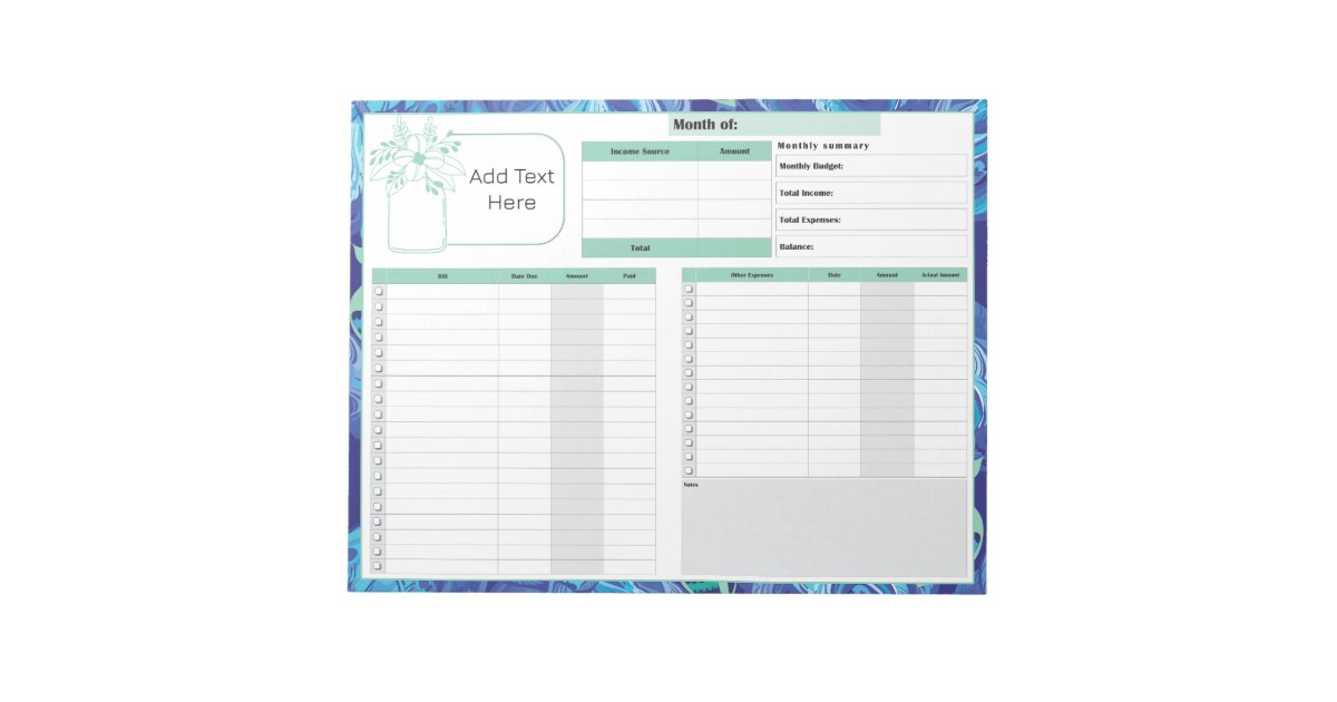 Monthly Budget and Bill Tracker Blue Green Notepad | Zazzle