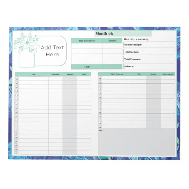 Monthly Budget and Bill Tracker Blue Green Notepad | Zazzle