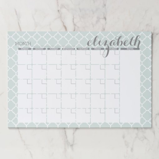 Monthly Planner Mint & Gray Quatrefoil Pattern Paper Pad | Zazzle