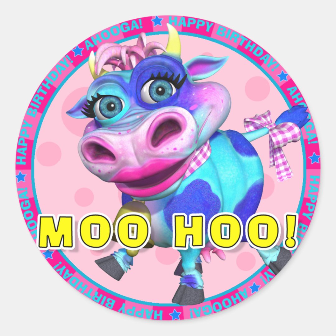 MOO HOO! Birthday Stickers with Kissy Moo | Zazzle