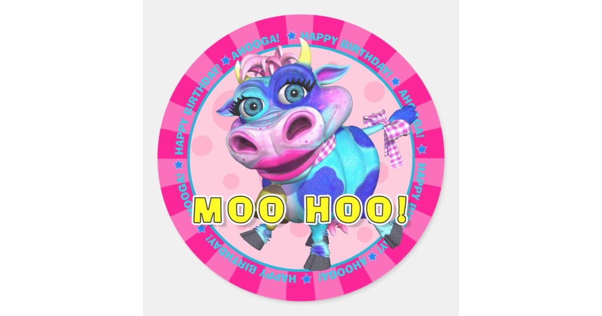 MOO HOO! Birthday Stickers with Kissy Moo | Zazzle