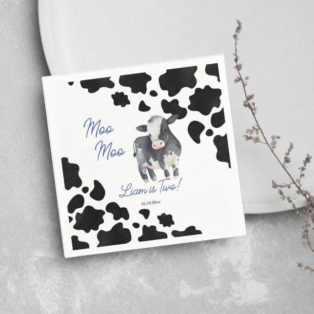 Moo moo cow black and blue cute cow birthday party napkins | Zazzle