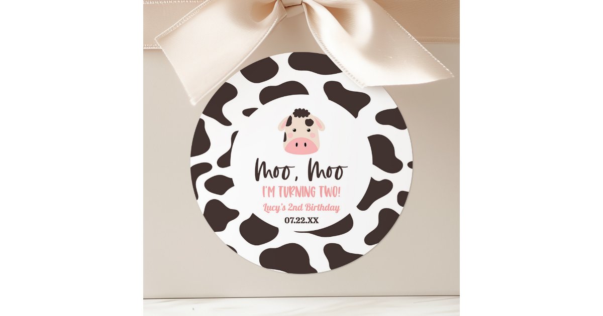 Moo Moo I'm Turning Two Cow 2nd Birthday Party Classic Round Sticker ...